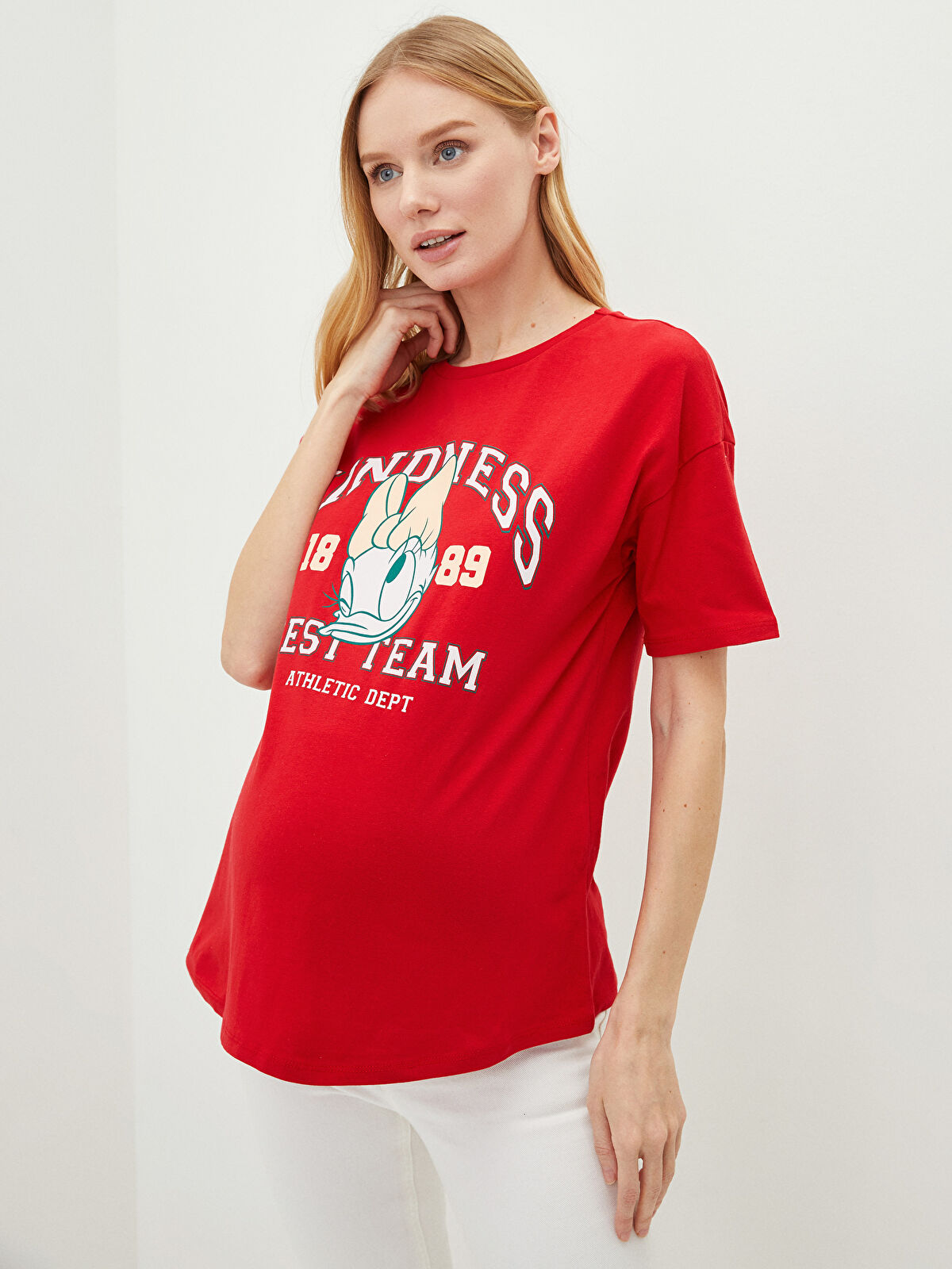 Bisiklet Yaka Daisy Duck Baskılı Kısa Kollu Pamuklu Hamile Tişört