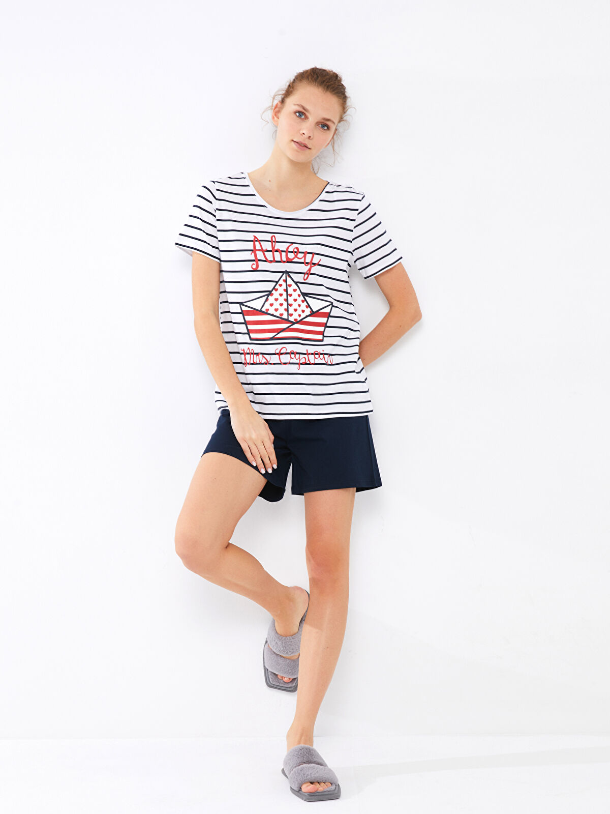 LCW DREAM Bisiklet Yaka Çizgili Kısa Kollu Pamuklu Kadın Pijama Takımı