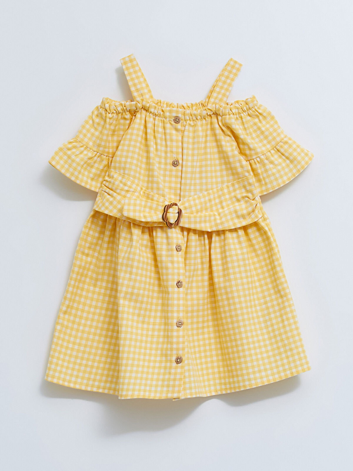 Kare Yaka Askılı Ekose Desenli Pamuklu Kız Bebek Elbise