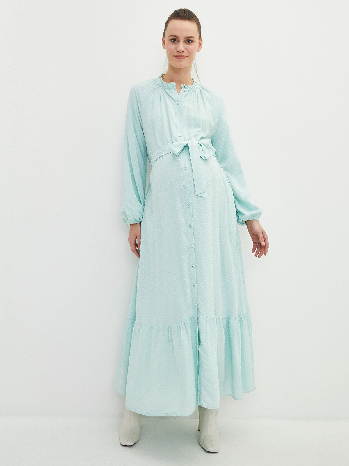 Fırfırlı Dik Yaka Kendinden Desenli Uzun Kollu Poplin Hamile Elbise