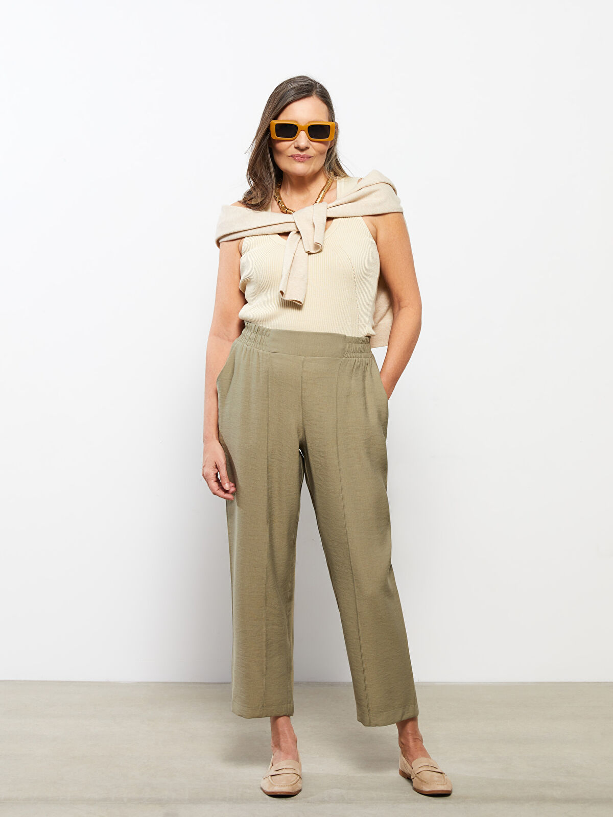 LCW GRACE Beli Lastikli Rahat Kalıp Düz Keten Kadın Pantolon