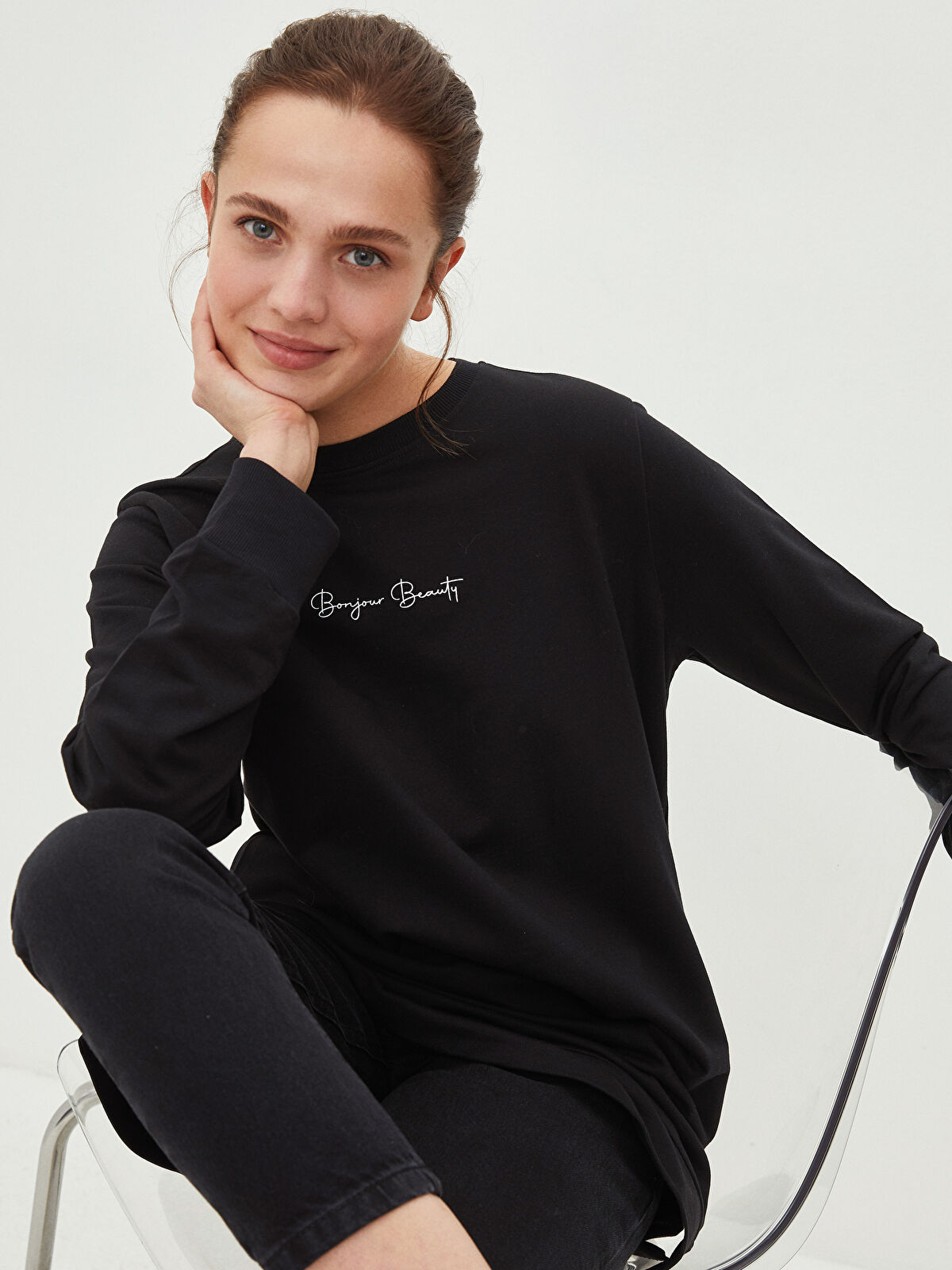 MODEST Bisiklet Yaka Yazı Baskılı Uzun Kollu Pamuklu Kadın Sweatshirt Tunik