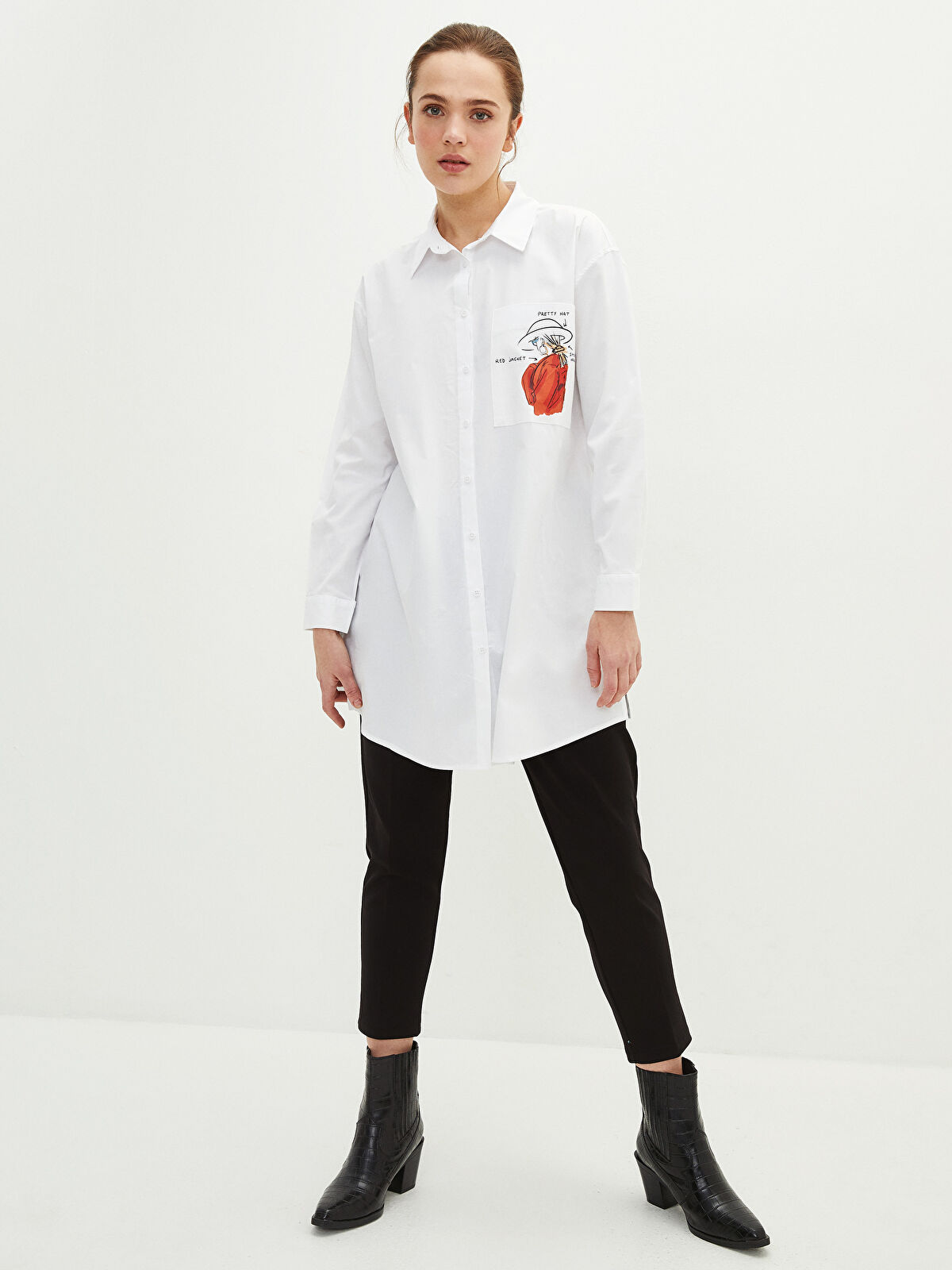 MODEST Gömlek Yaka Baskılı Uzun Kollu Oversize Poplin Kadın Tunik