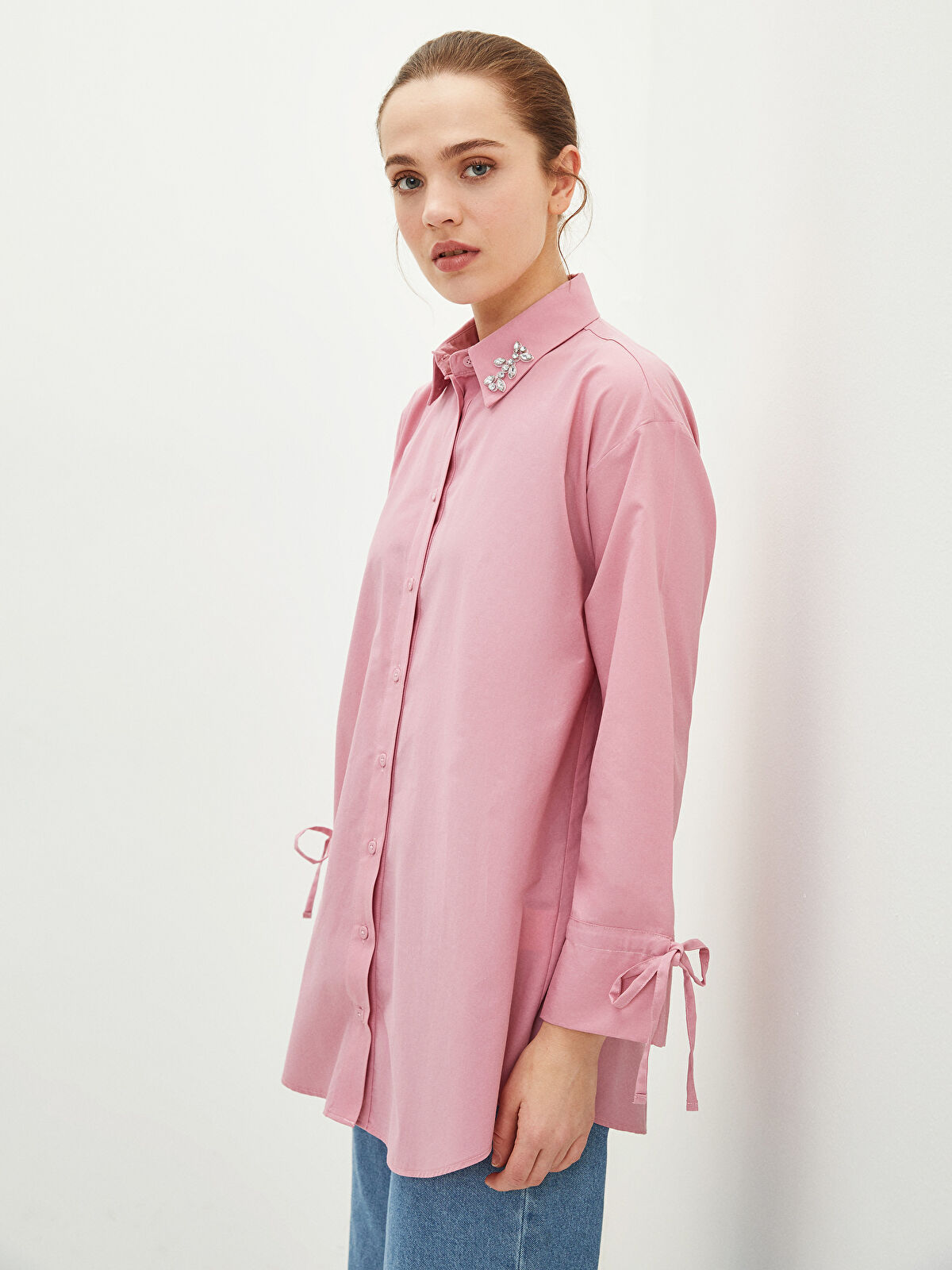 MODEST Gömlek Yaka Taş İşlemeli Uzun Kollu Poplin Kadın Tunik