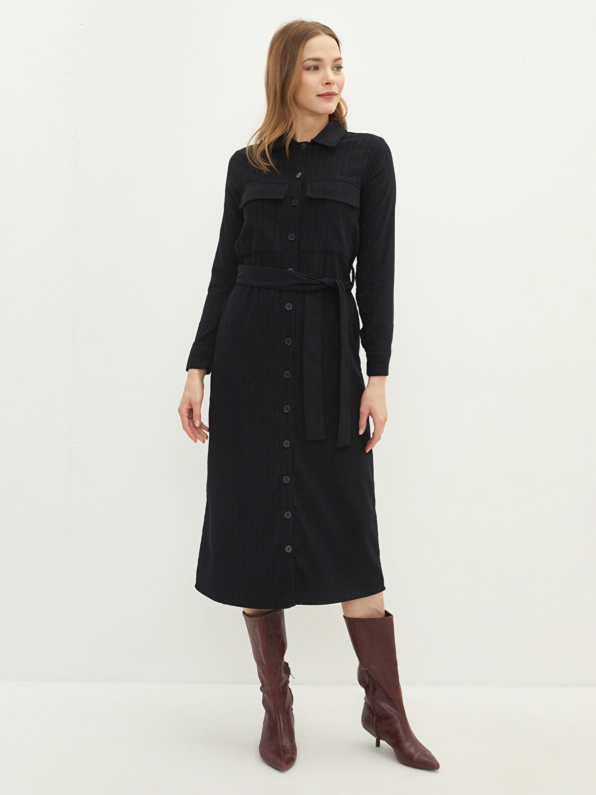 MODEST Önden Düğme Kapamalı Düz Uzun Kollu Kadın Gömlek Elbise