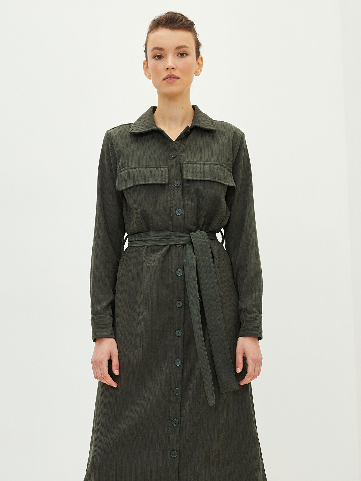 MODEST Önden Düğme Kapamalı Düz Uzun Kollu Kadın Gömlek Elbise