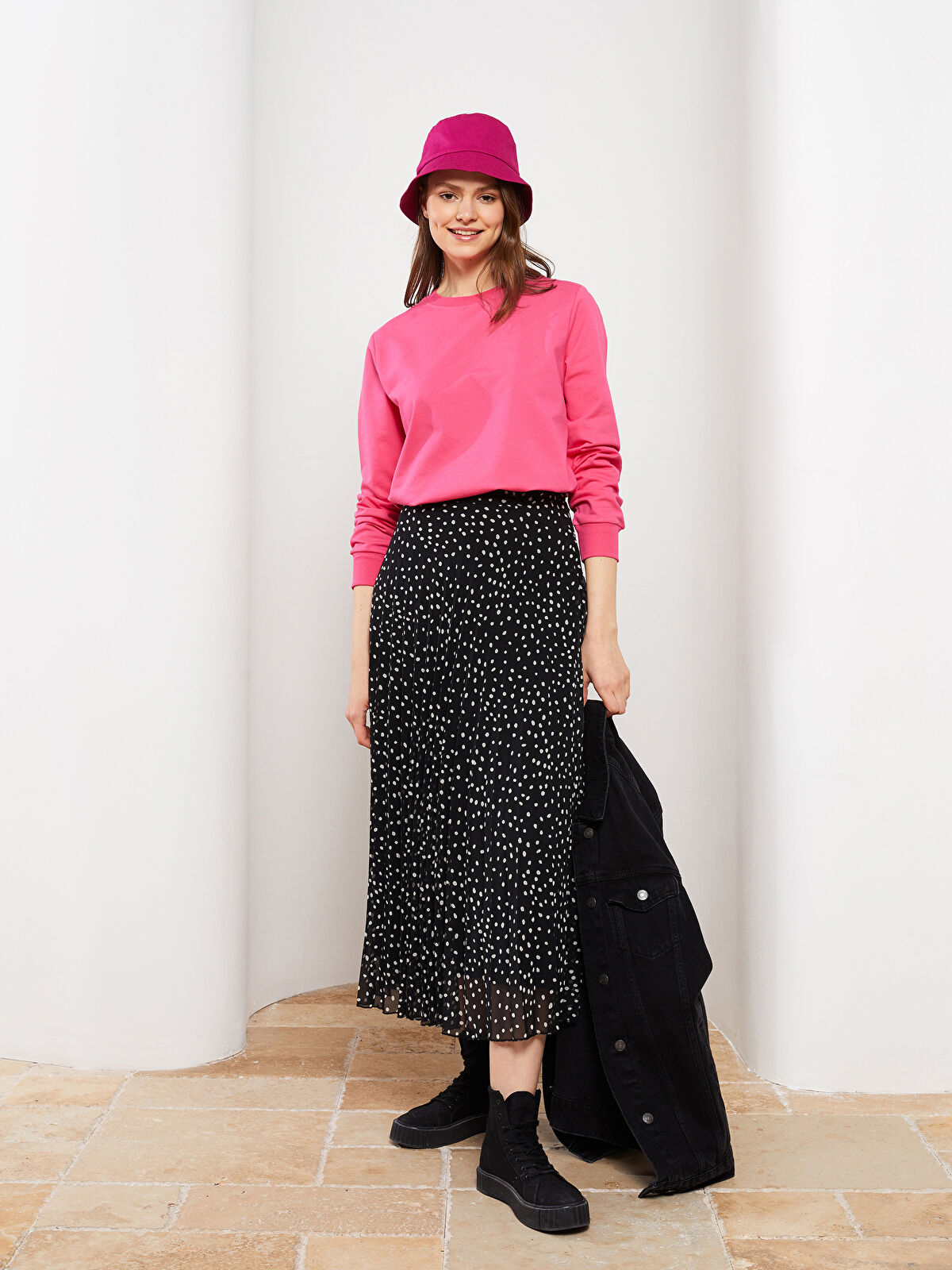 MODEST Beli Fermuarlı Puantiyeli Şifon Kadın Pileli Etek