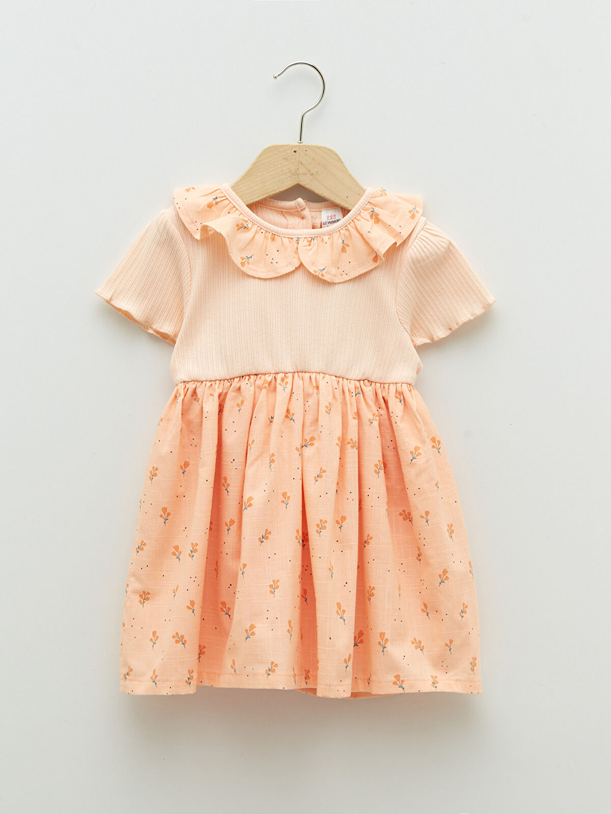 Bebe Yaka Kısa Kollu Baskılı Kız Bebek Elbise