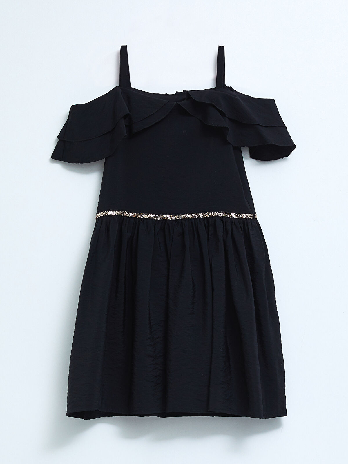 Kare Yaka Pul İşlemeli Kısa Kollu Omuzları Açık Kız Çocuk Elbise