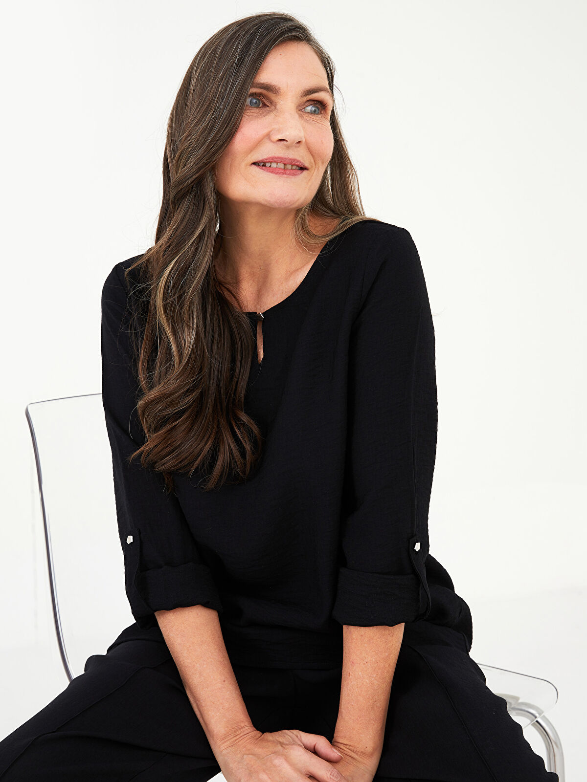 LCW GRACE Bisiklet Yaka Düz Uzun Kollu Keten Kadın Bluz