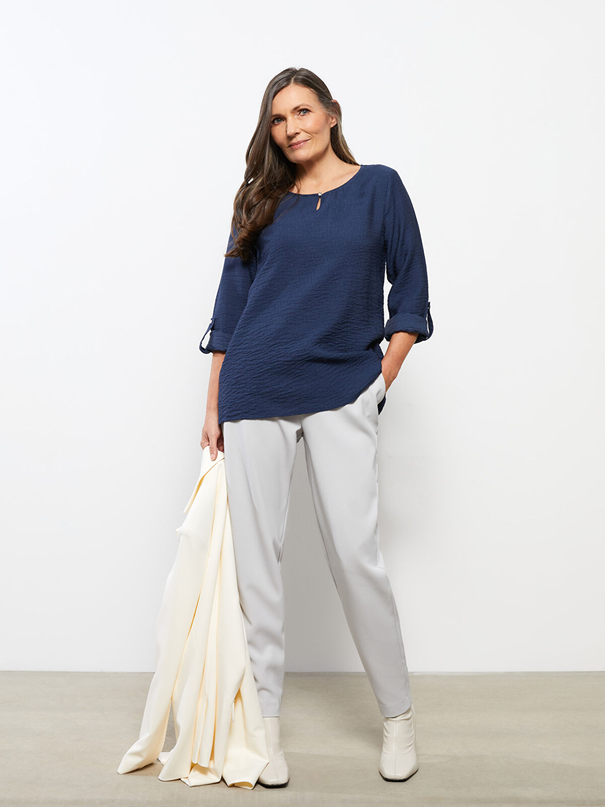 LCW GRACE Bisiklet Yaka Düz Uzun Kollu Keten Kadın Bluz