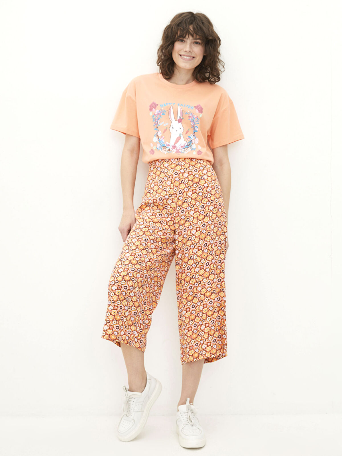 LCW CASUAL Beli Lastikli Desenli Poplin Kadın Capri