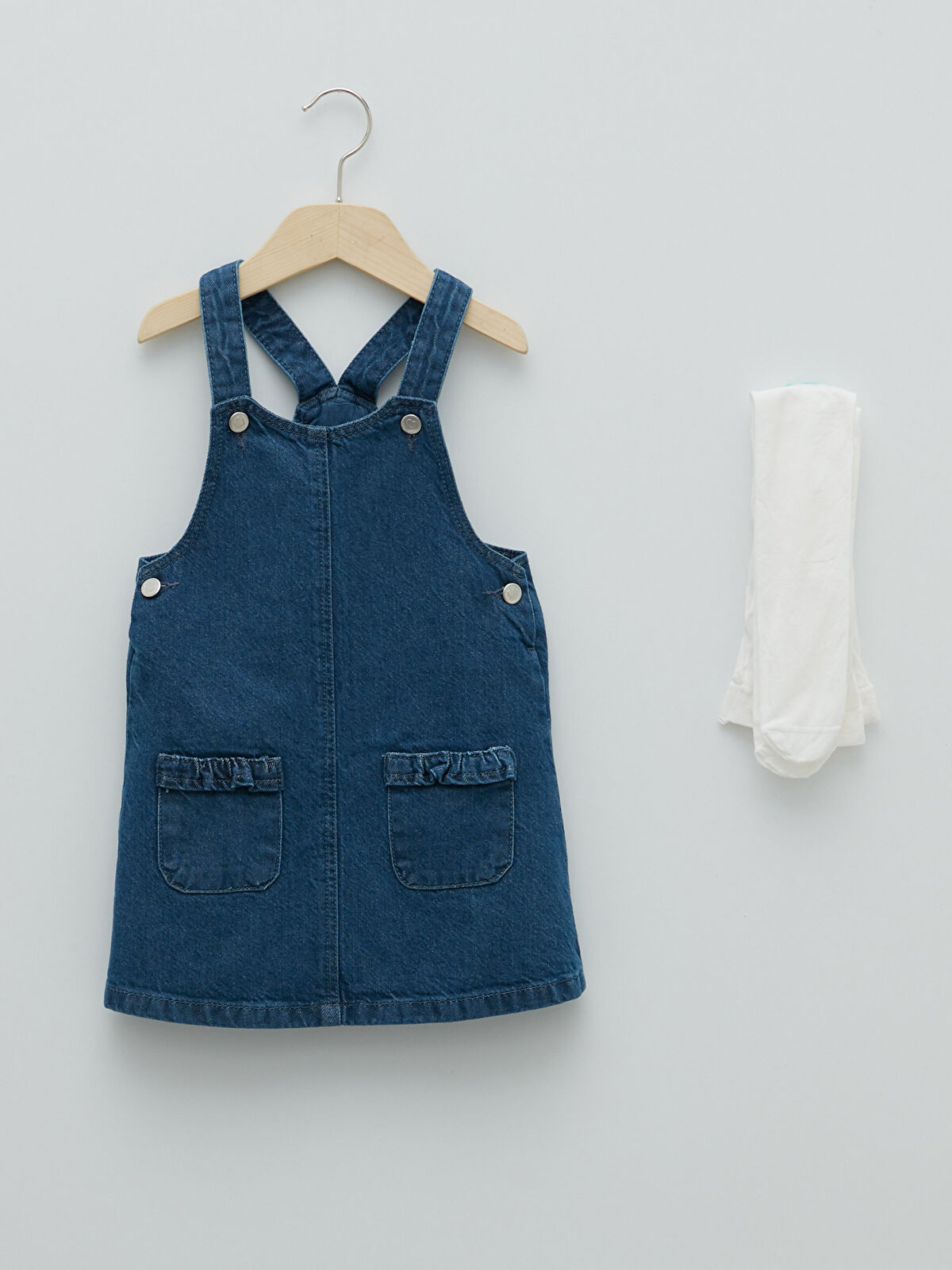 Bisiklet Yaka Basic Kız Bebek Jean Salopet ve Külotlu Çorap 2'li Takım