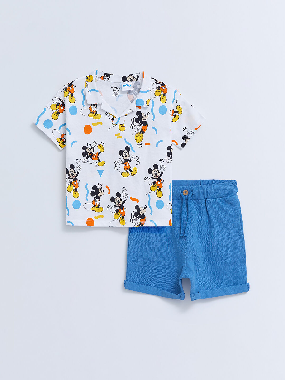Polo Yaka Kısa Kollu Mickey Mouse Baskılı Erkek Bebek Tişört ve Şort 2'li Takım
