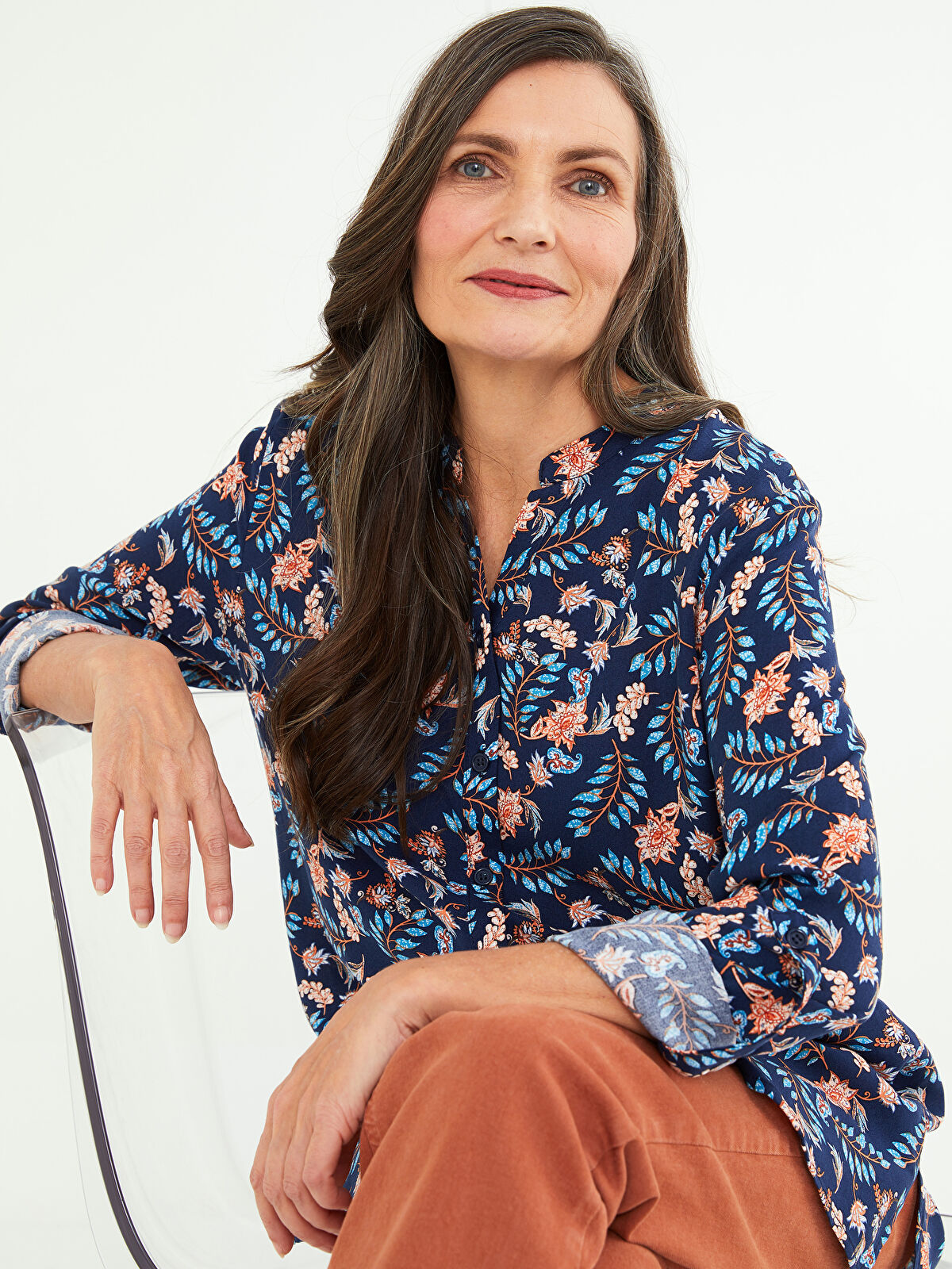 LCW GRACE Kaçık Yaka Desenli Uzun Kollu Viskon Kadın Gömlek