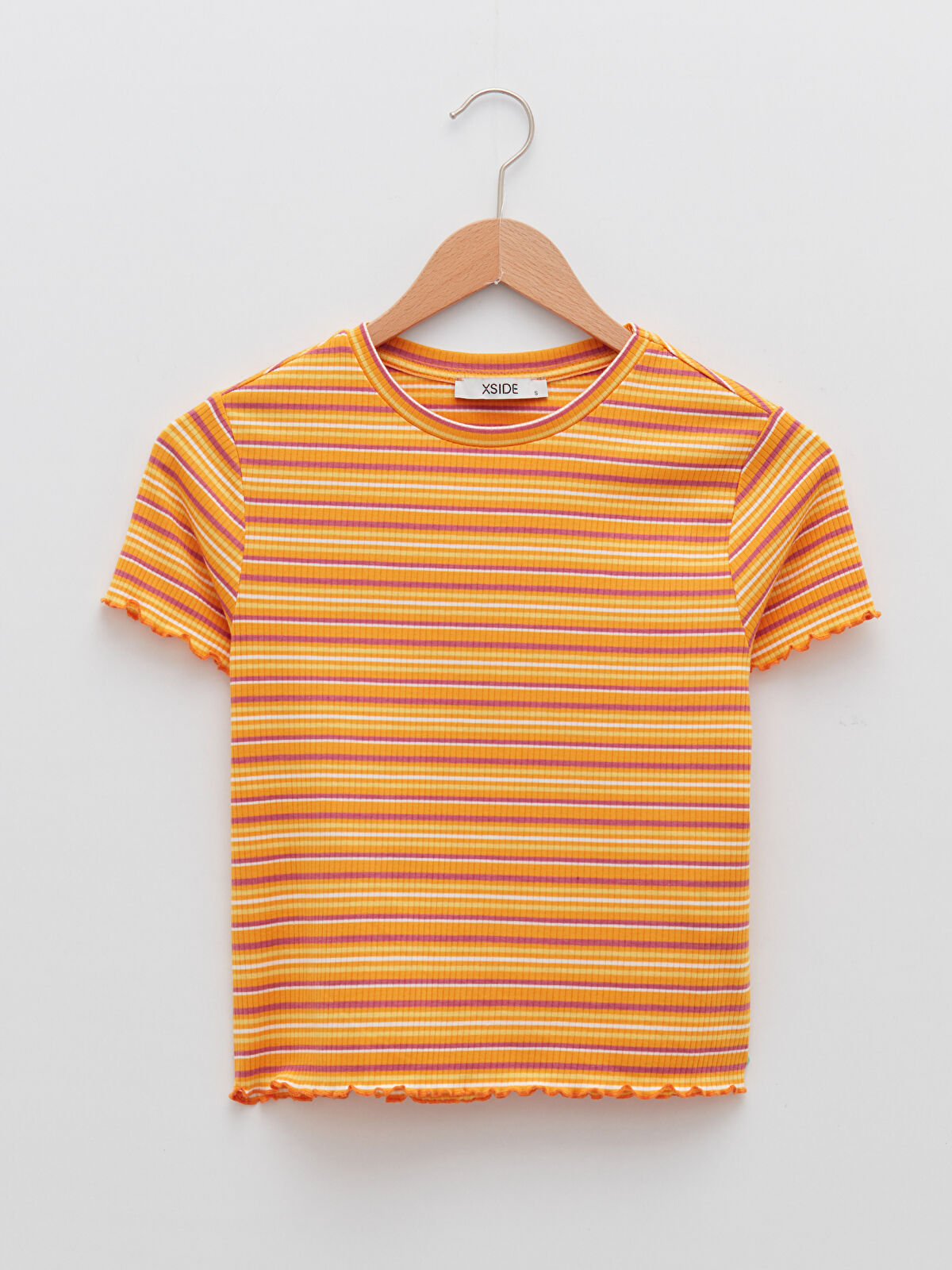 XSIDE Bisiklet Yaka Çizgili Kısa Kollu Crop Kadın Tişört