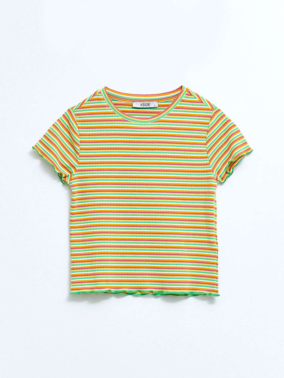 XSIDE Bisiklet Yaka Çizgili Kısa Kollu Crop Kadın Tişört
