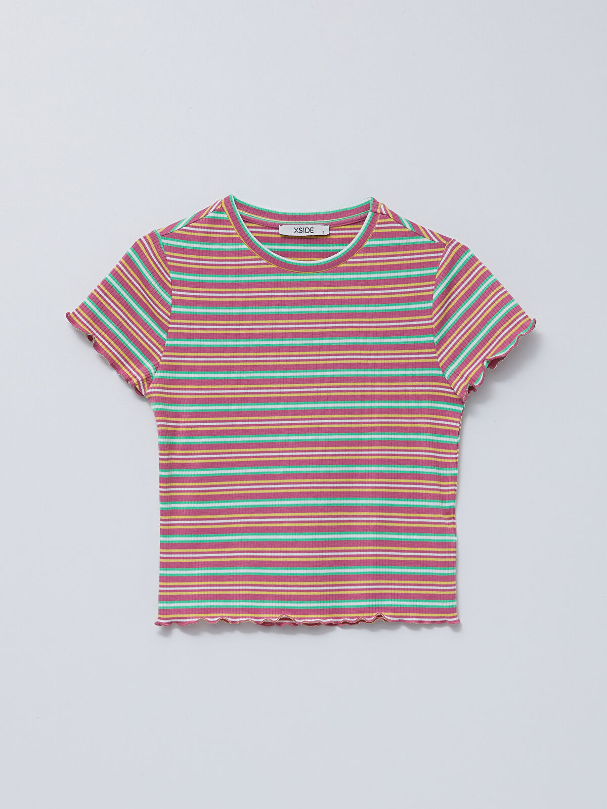 XSIDE Bisiklet Yaka Çizgili Kısa Kollu Crop Kadın Tişört