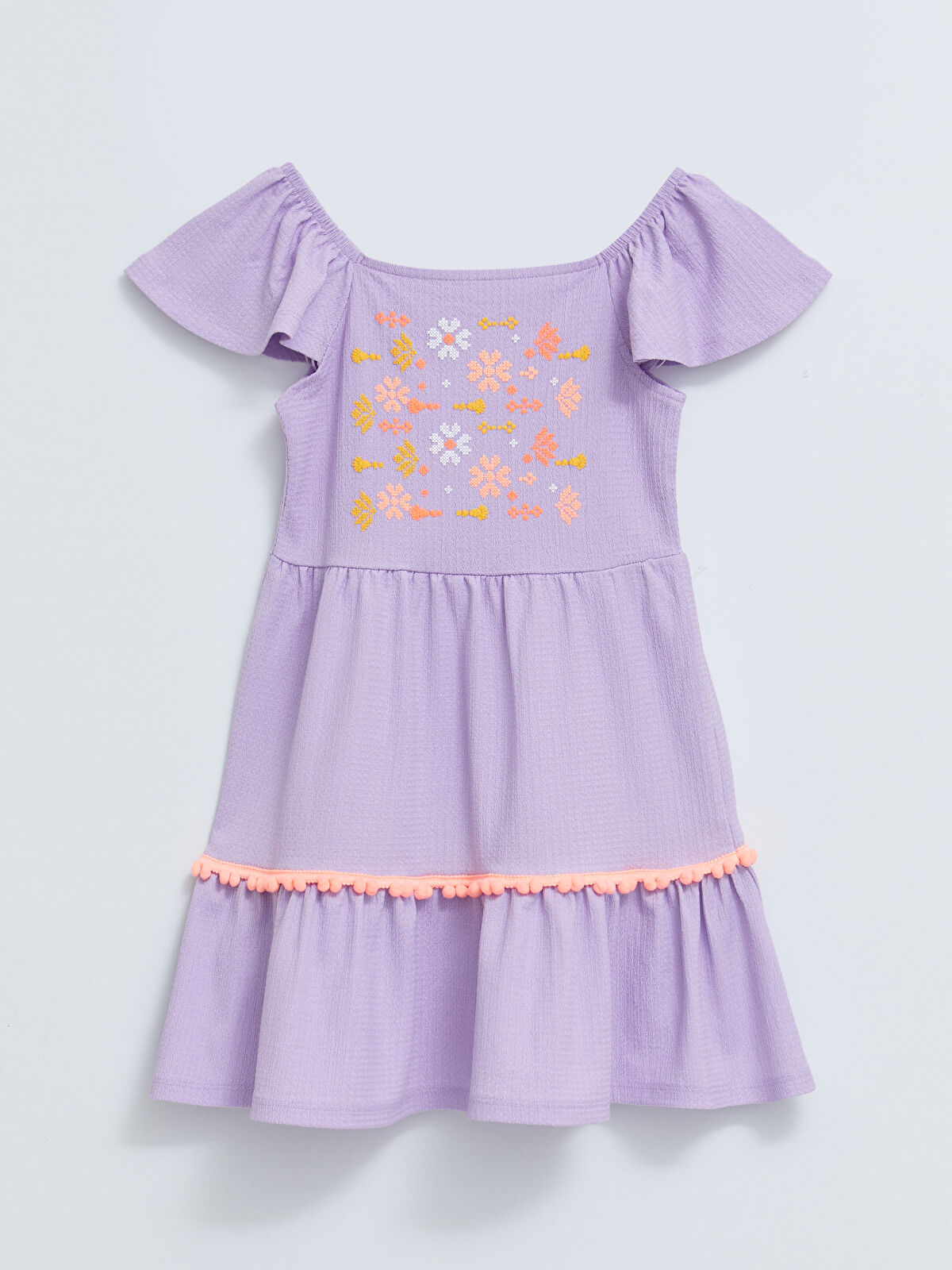 Kare Yaka İşlemeli Kısa Kollu Kız Çocuk Elbise