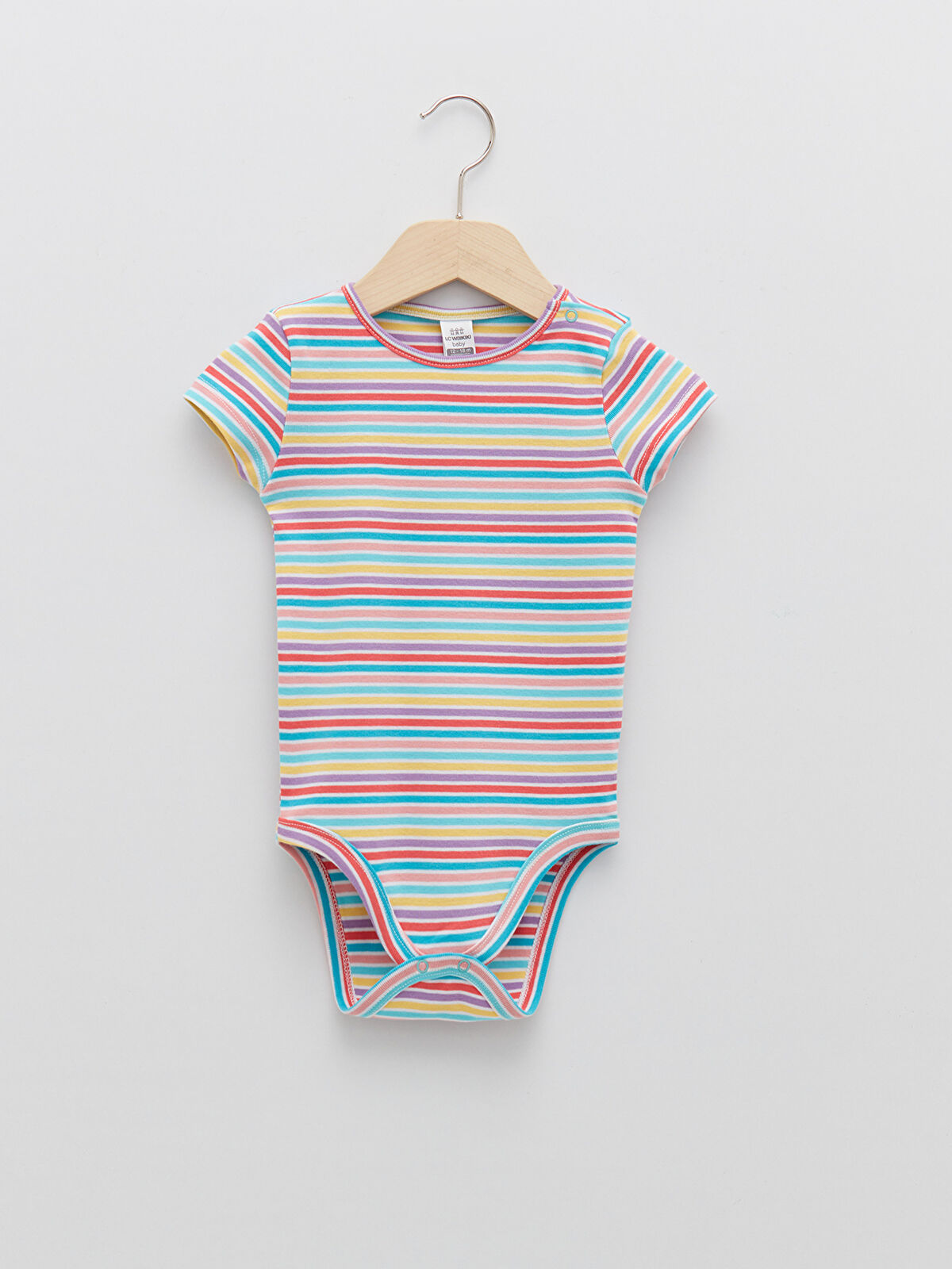 Bisiklet Yaka Kısa Kollu Çizgili Pamuklu Kız Bebek Çıtçıtlı Body