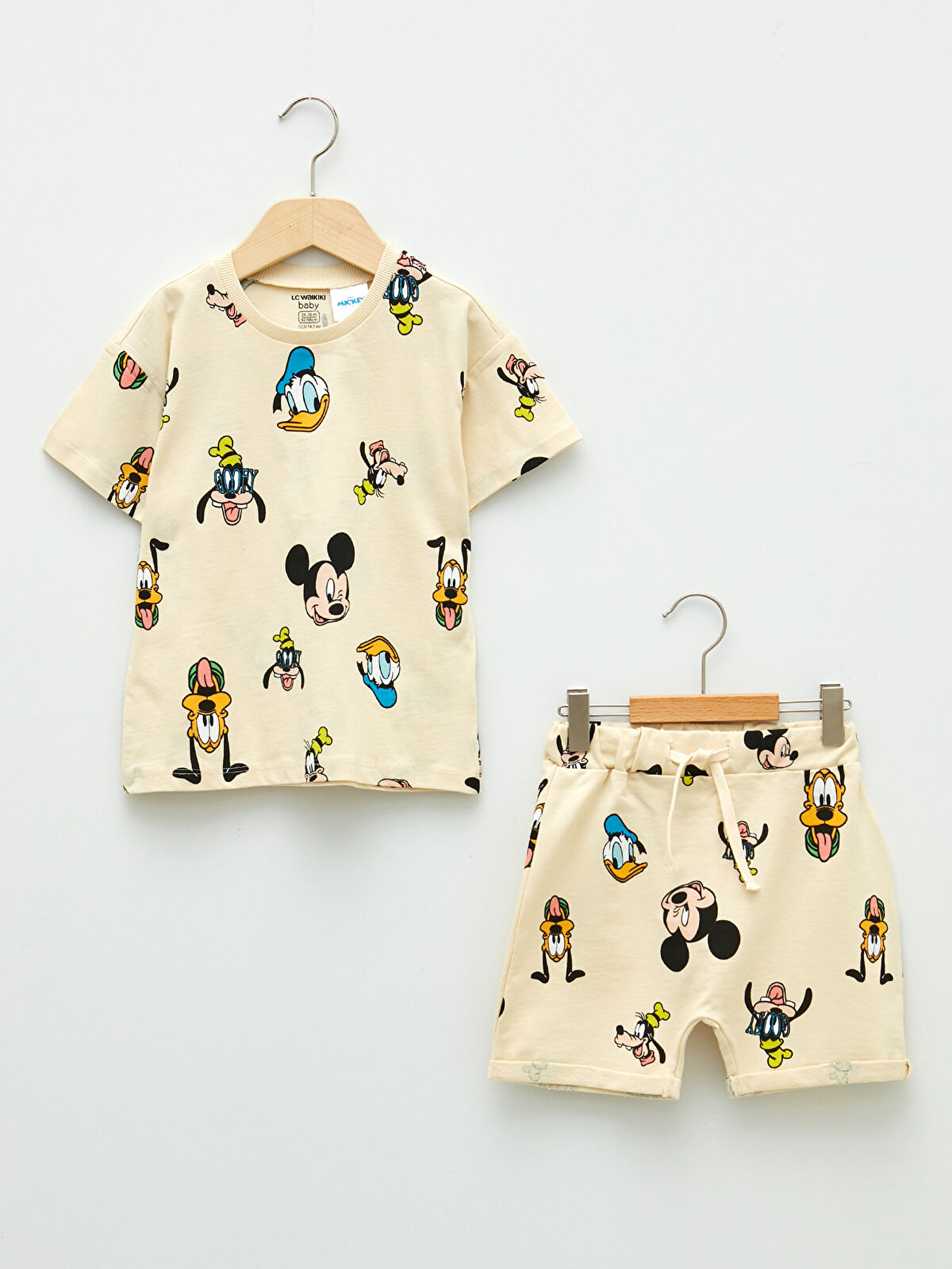 Bisiklet Yaka Kısa Kollu Mickey Mouse Baskılı Pamuklu Erkek Bebek Tişört ve Şort 2'li Takım