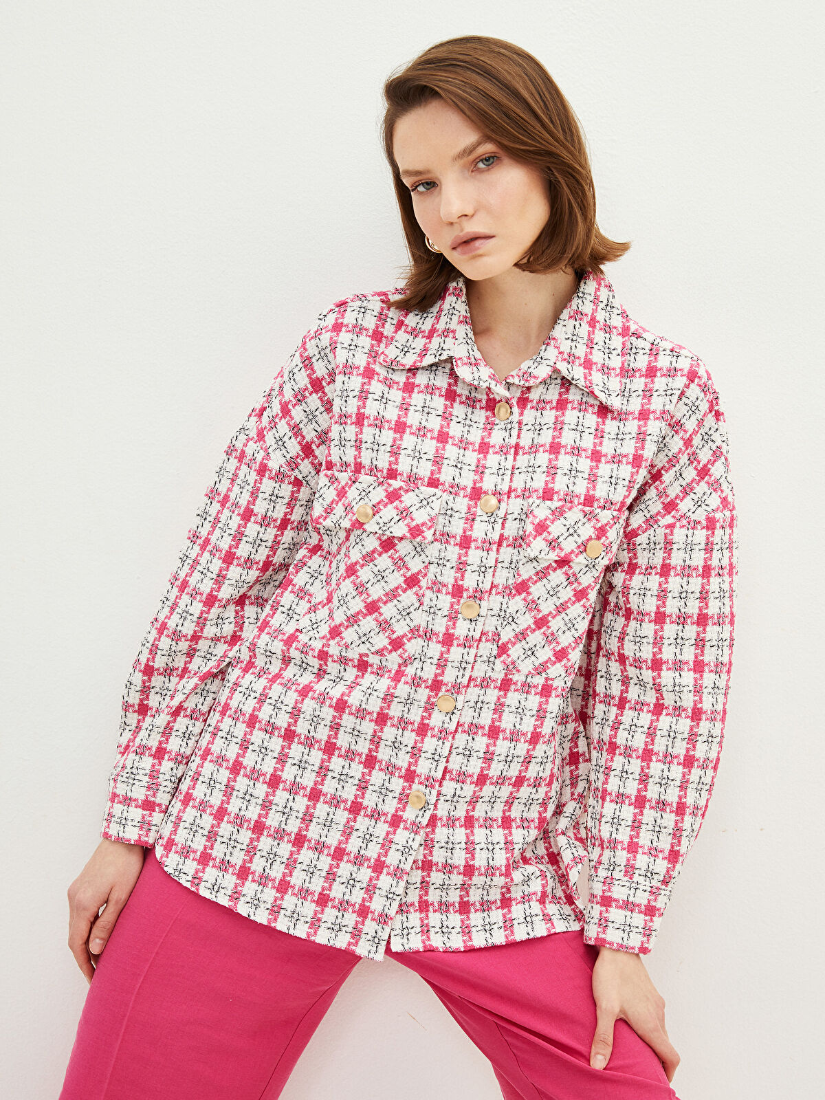 LCW VISION Önden Düğme Kapamalı Ekose Uzun Kollu Tüvit Kadın Gömlek Ceket