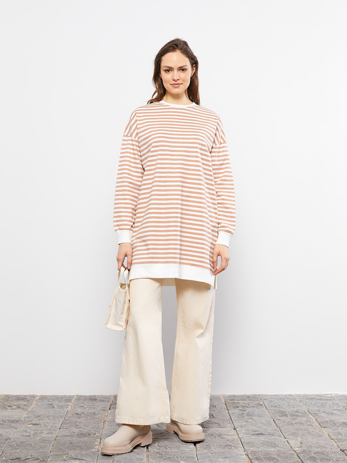 MODEST Bisiklet Yaka Çizgili Uzun Kollu Pamuklu Kadın Sweatshirt Tunik