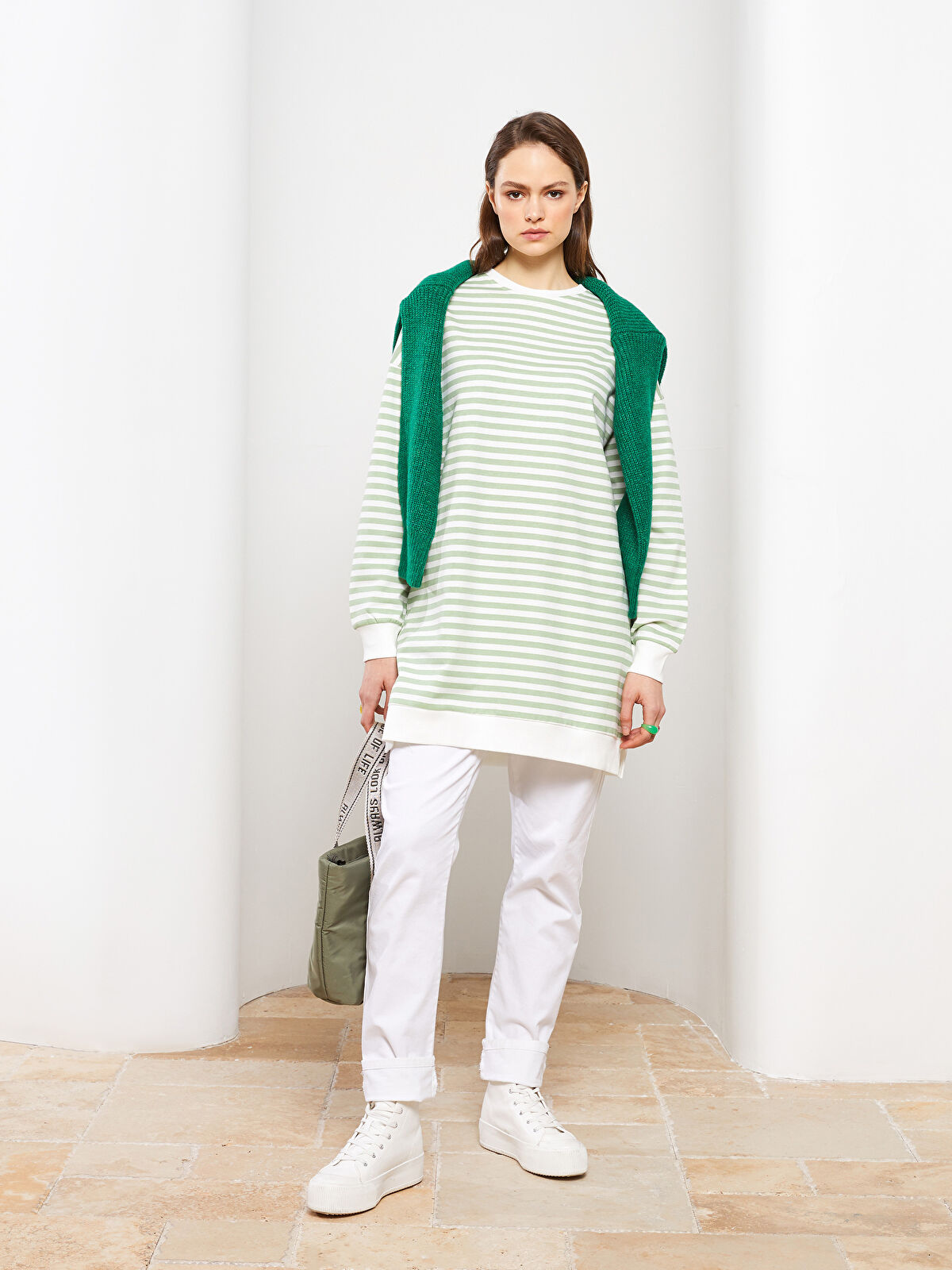 MODEST Bisiklet Yaka Çizgili Uzun Kollu Pamuklu Kadın Sweatshirt Tunik