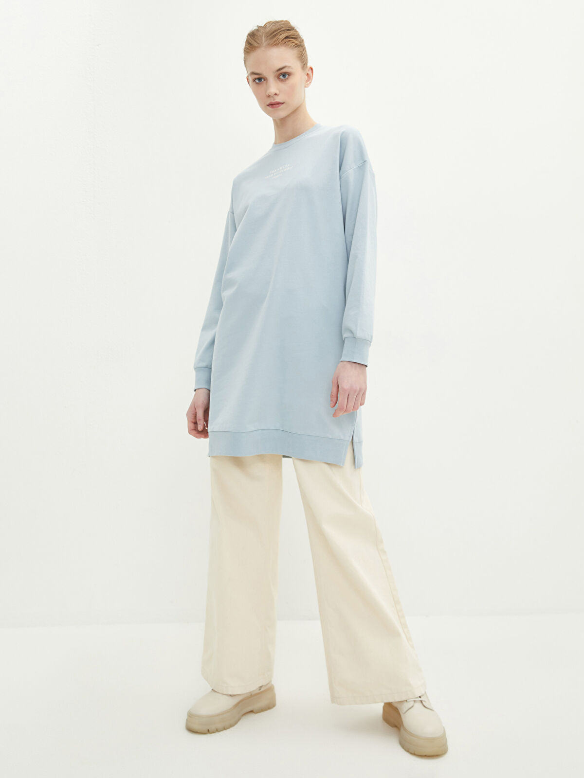 MODEST Bisiklet Yaka Yazı Baskılı Uzun Kollu Kadın Sweatshirt Tunik