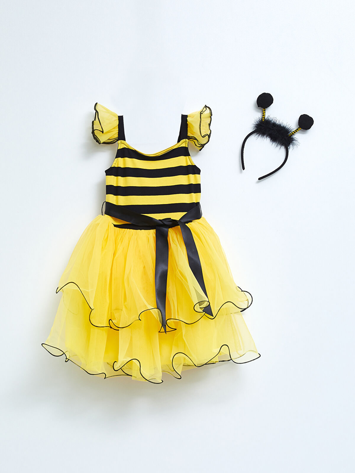 Kare Yaka Çizgili Kısa Kollu Kız Çocuk Kostüm ve Taç