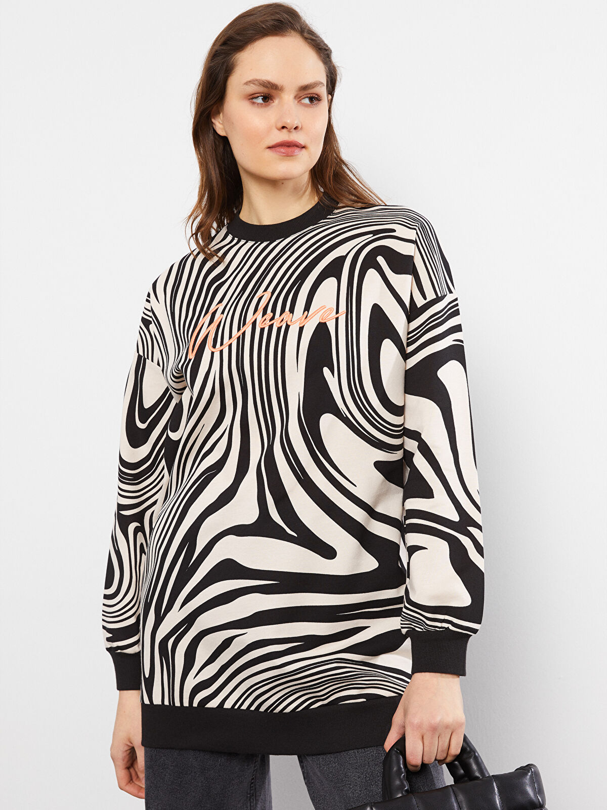 MODEST Bisiklet Yaka Kendinden Desenli Uzun Kollu Kadın Sweatshirt Tunik