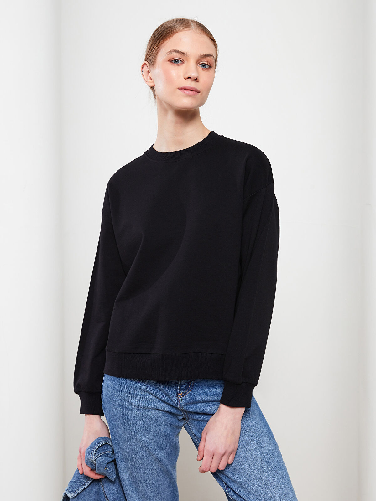 MODEST Bisiklet Yaka Düz Uzun Kollu Oversize Pamuklu Kadın Sweatshirt Tunik