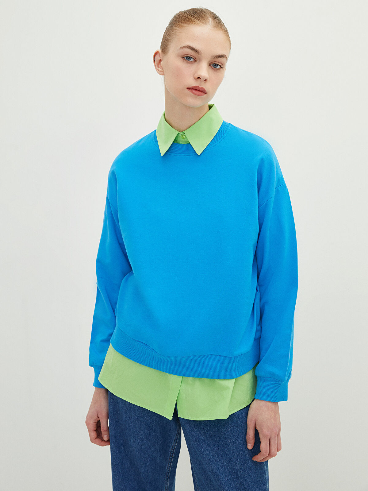 MODEST Bisiklet Yaka Düz Uzun Kollu Oversize Pamuklu Kadın Tunik