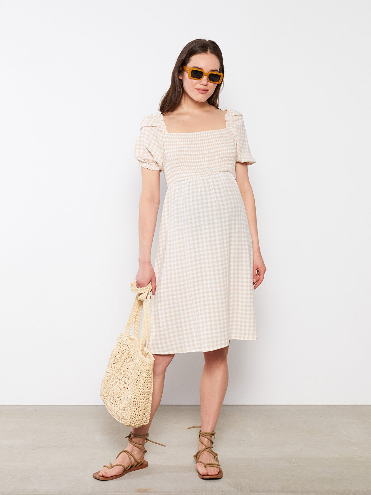 Kare Yaka Ekose Kısa Kollu Krinkle Kumaş Hamile Elbise