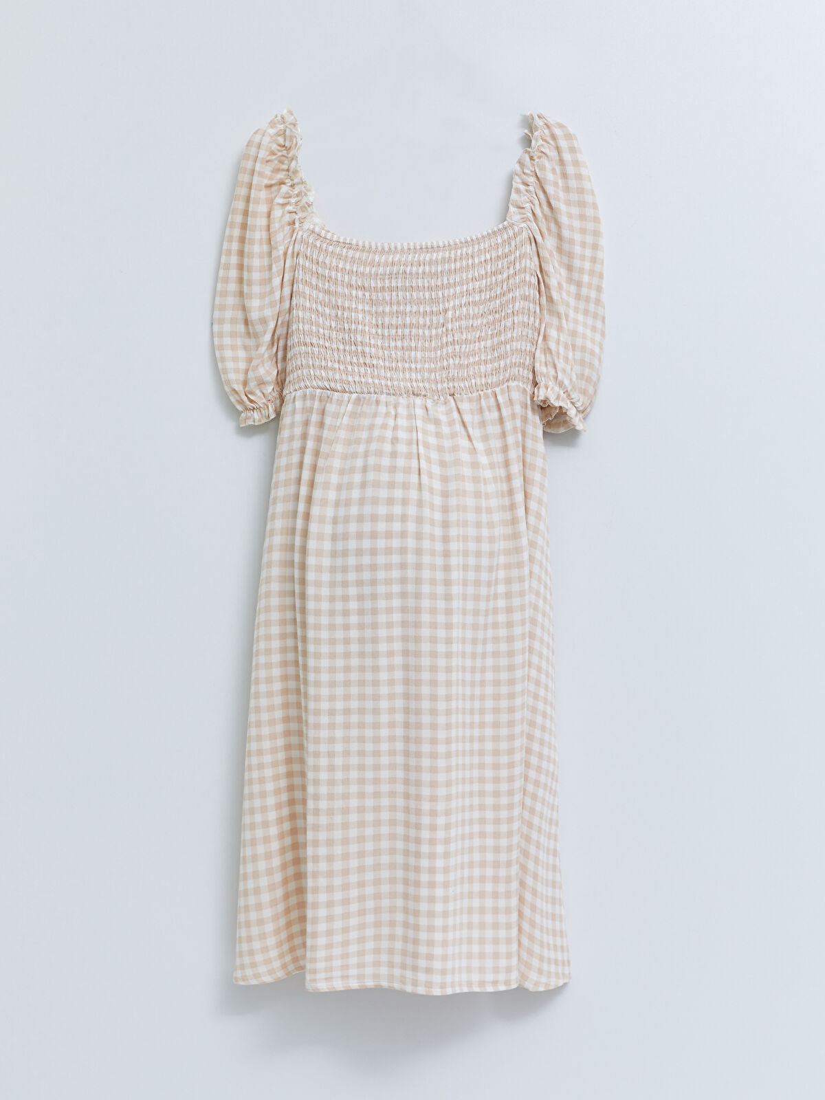 Kare Yaka Ekose Kısa Kollu Krinkle Kumaş Hamile Elbise