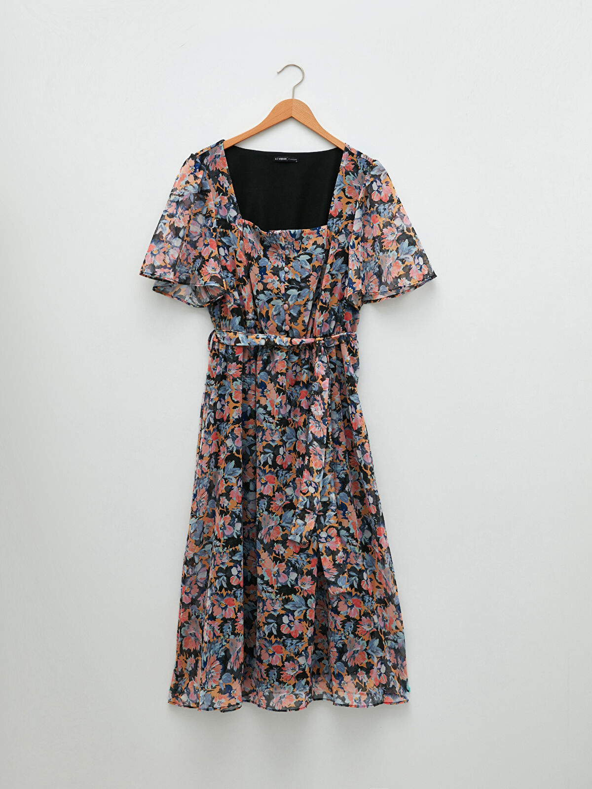 LCW CLASSIC Kare Yaka Çiçekli Kısa Kollu Kadın Elbise