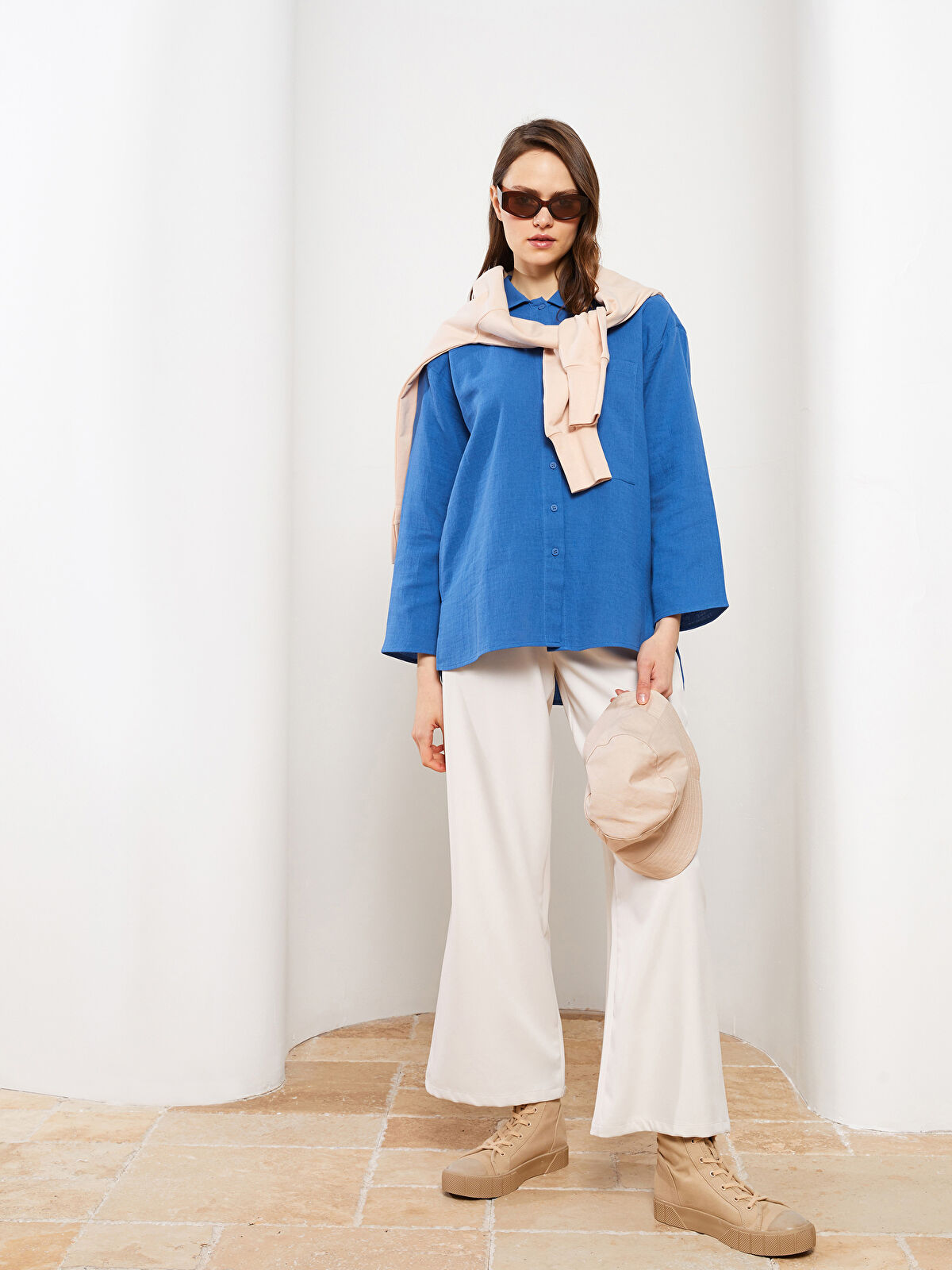 MODEST Önden Düğme Kapamalı Düz Uzun Kollu Pamuklu Oversize Kadın Gömlek