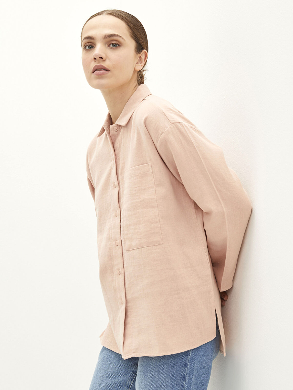 MODEST Önden Düğme Kapamalı Düz Uzun Kollu Pamuklu Oversize Kadın Gömlek