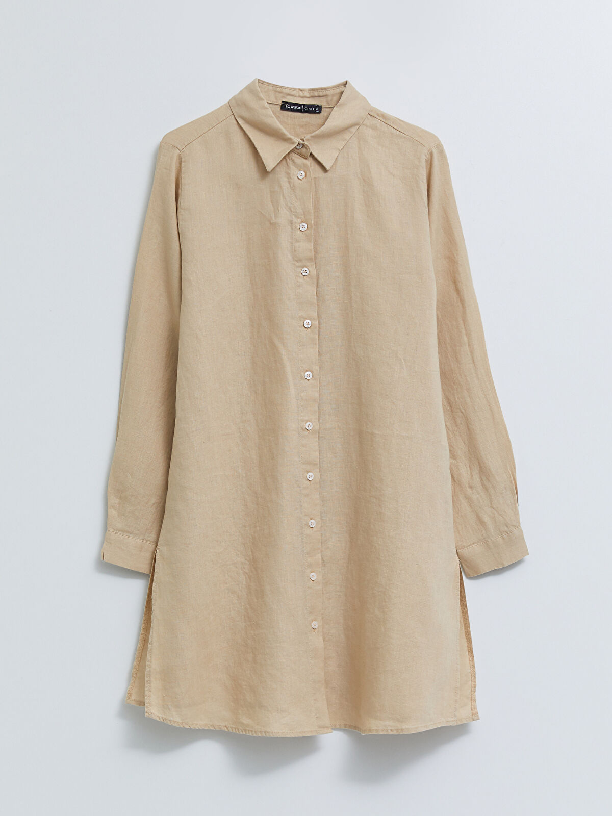LCW CLASSIC Gömlek Yaka Düz Uzun Kollu Keten Kadın Tunik