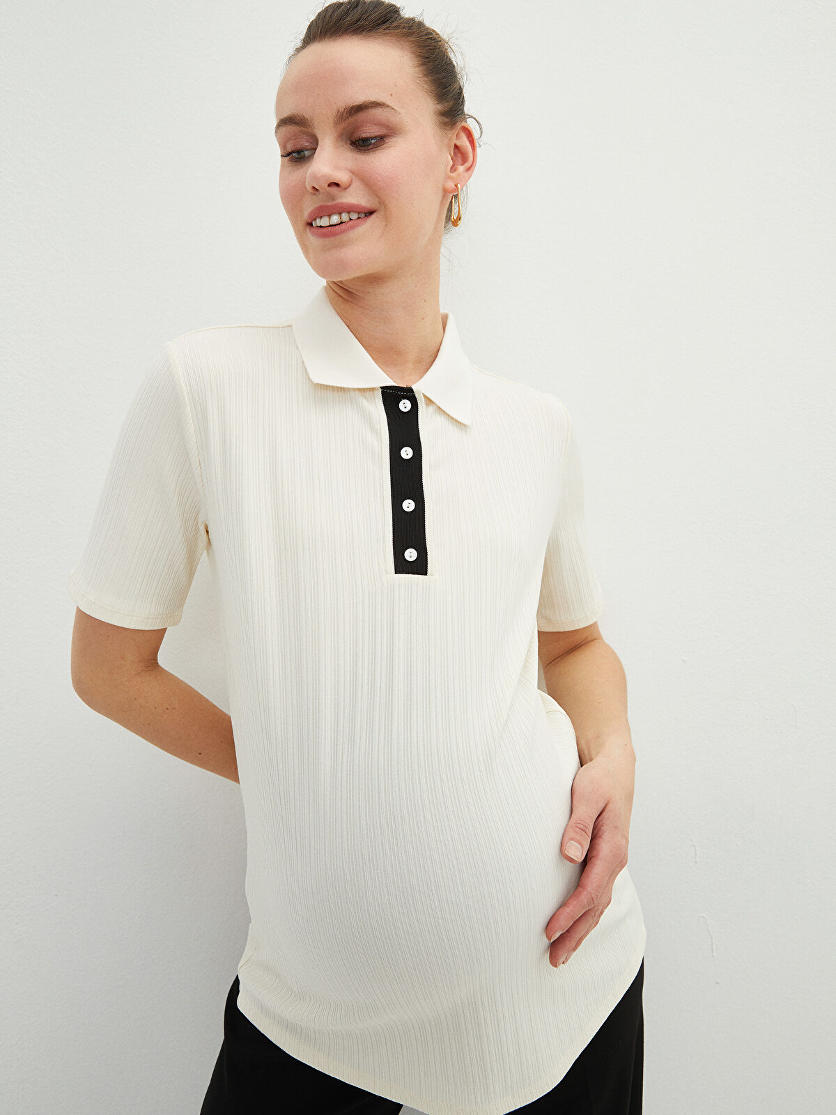 Polo Yaka Düz Kısa Kollu Hamile Tişört