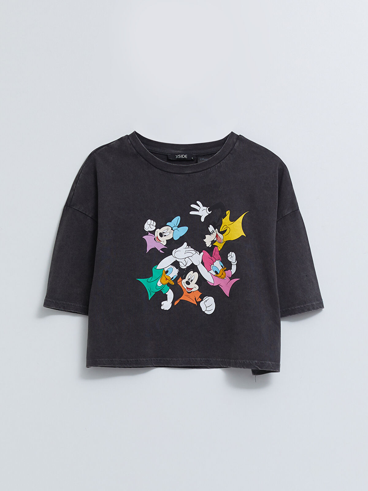 XSIDE Bisiklet Yaka Mickey Mouse Baskılı Kısa Kollu Pamuklu Crop Kadın Tişört