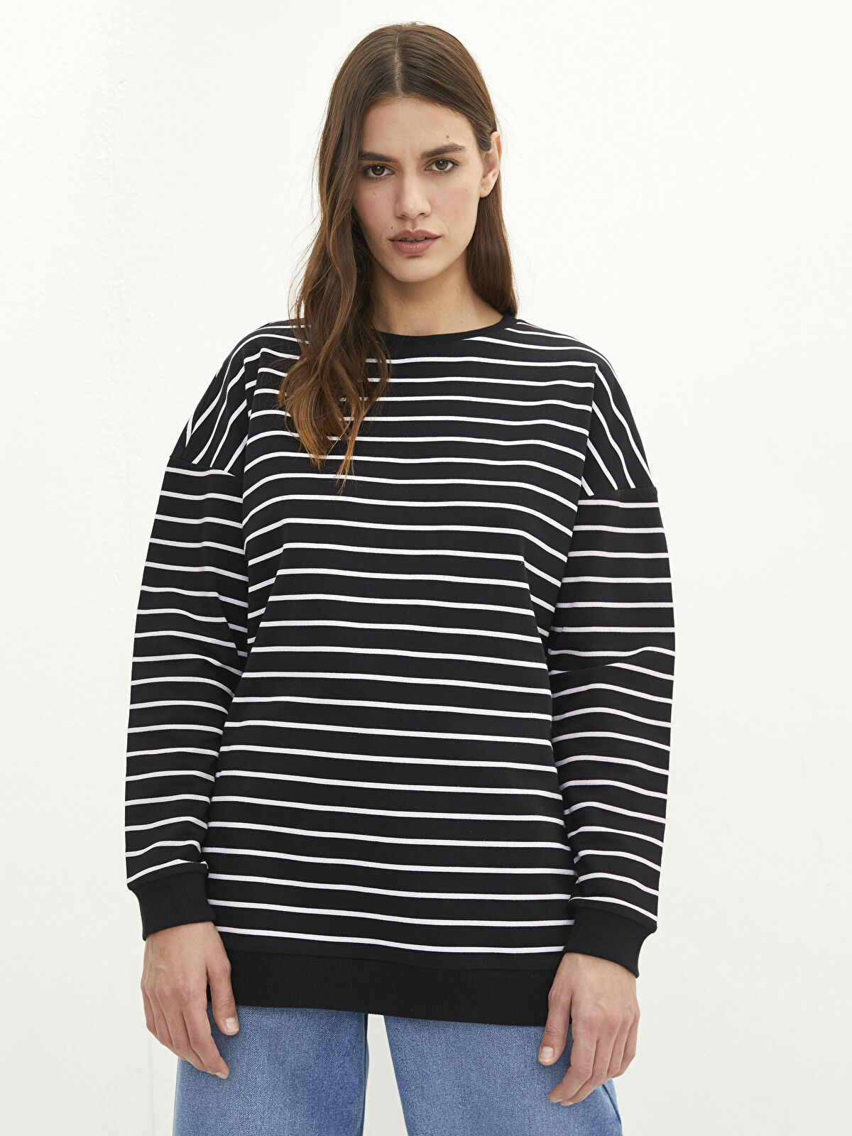 LCW BASIC Bisiklet Yaka Çizgili Uzun Kollu Kadın Sweatshirt