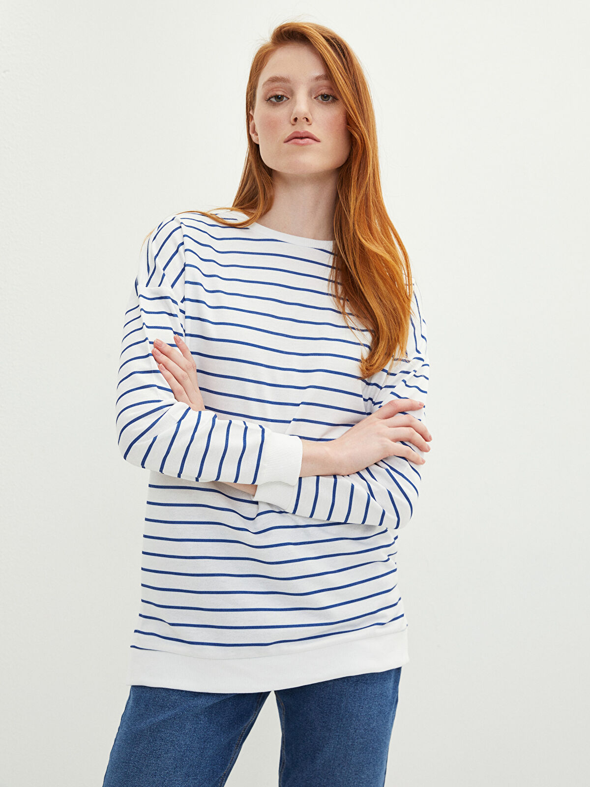LCW BASIC Bisiklet Yaka Çizgili Uzun Kollu Kadın Sweatshirt