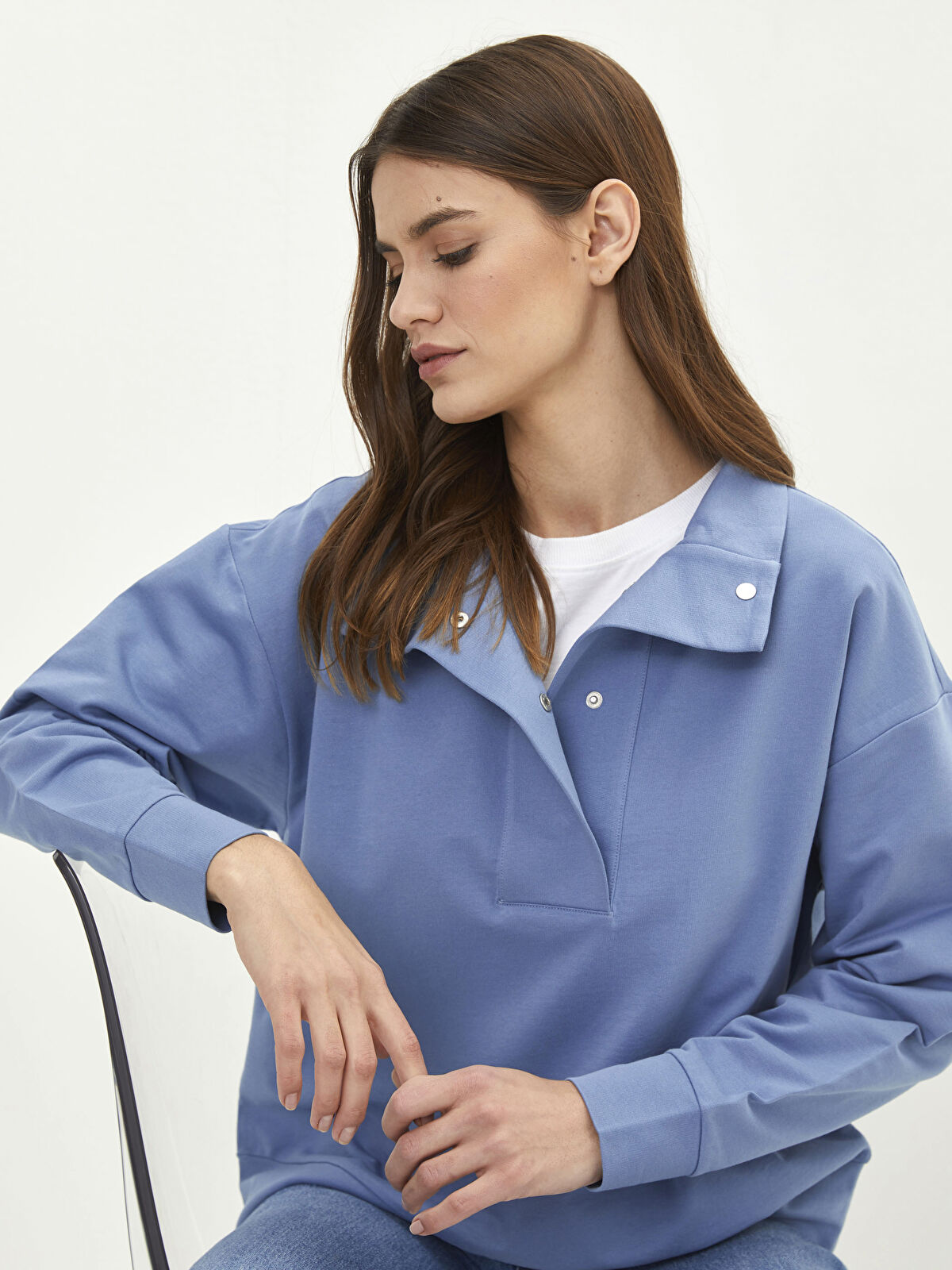 LCW BASIC Dik Yaka Düz Uzun Kollu Pamuklu Kadın Sweatshirt