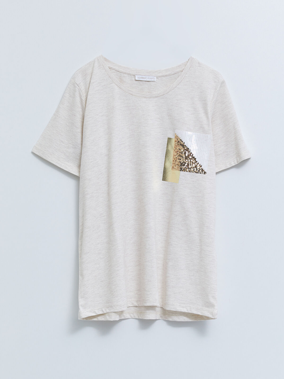 LCW CLASSIC Bisiklet Yaka Payet İşlemeli Kısa Kollu Kadın Tişört