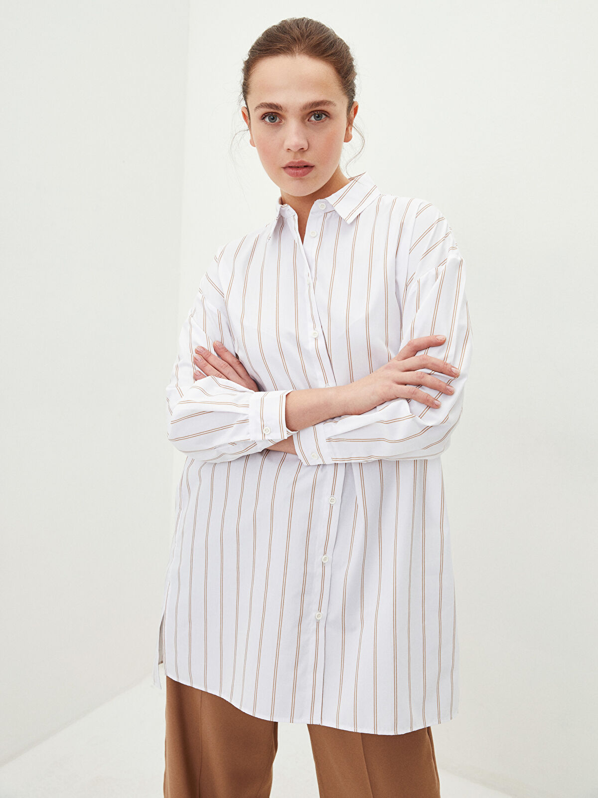 MODEST Gömlek Yaka Çizgili Uzun Kollu Oversize Poplin Kadın Tunik