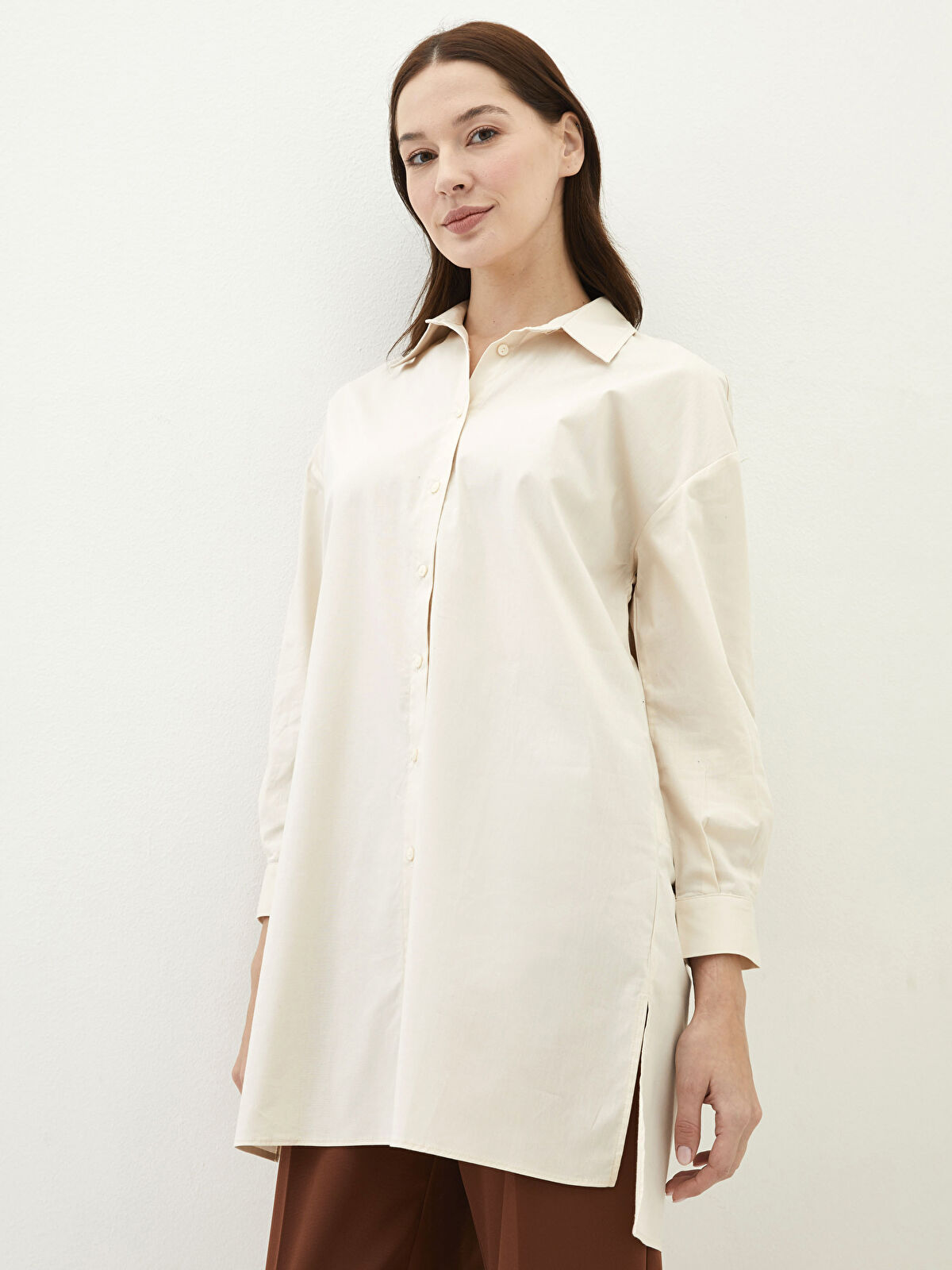 MODEST Gömlek Yaka Çizgili Uzun Kollu Oversize Poplin Kadın Tunik