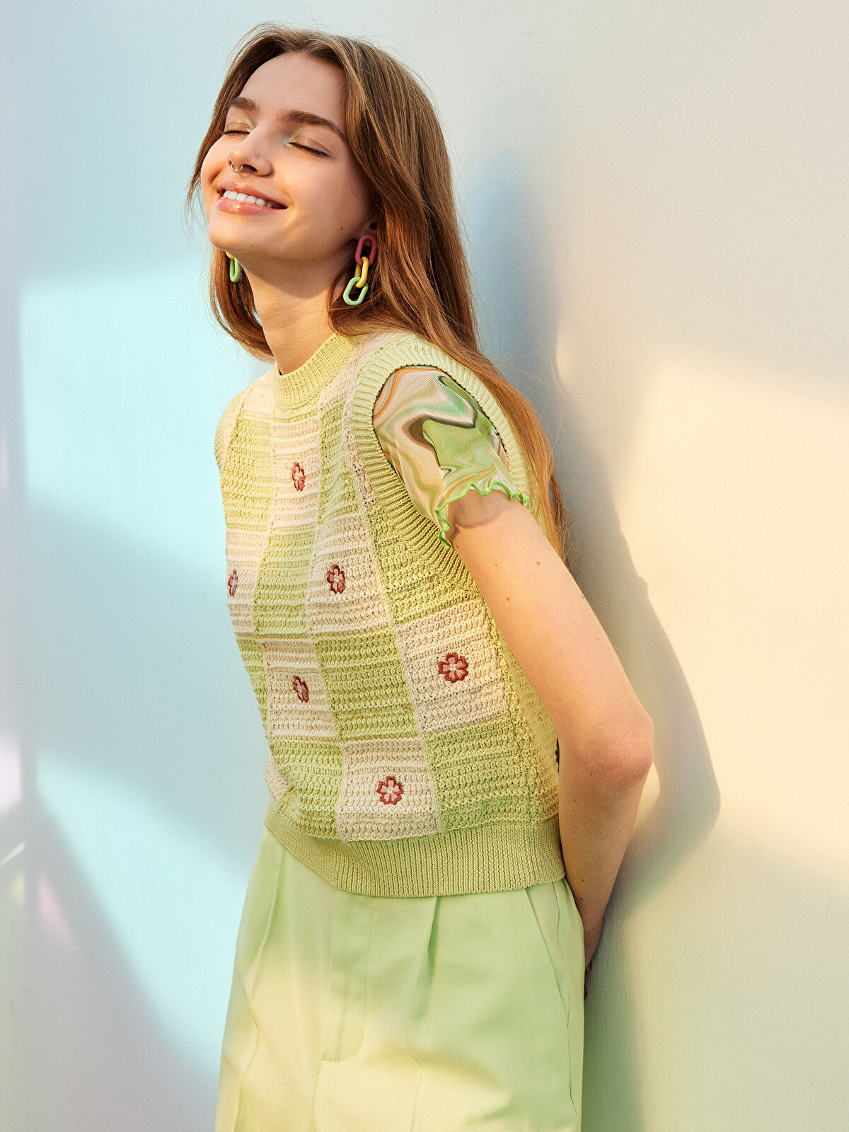 XSIDE Bisiklet Yaka Batik Kısa Kollu Crop Kadın Tül Tişört