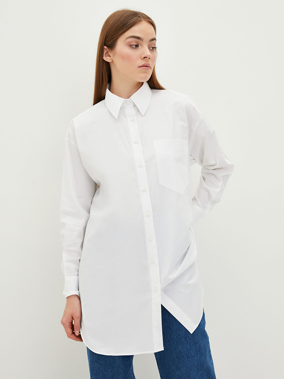 MODEST Gömlek Yaka Düz Uzun Kollu Oversize Poplin Kadın Tunik