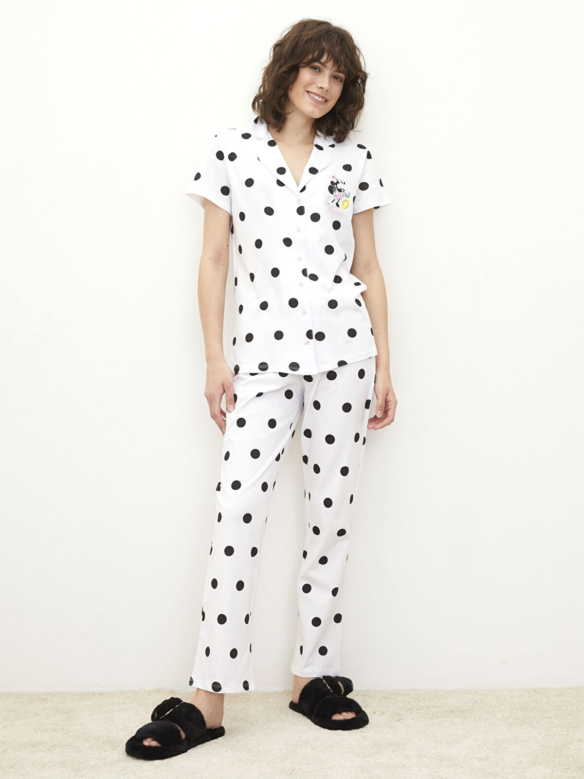 LCW DREAM Gömlek Yaka Puantiyeli Kısa Kollu Pamuklu Kadın Pijama Takımı